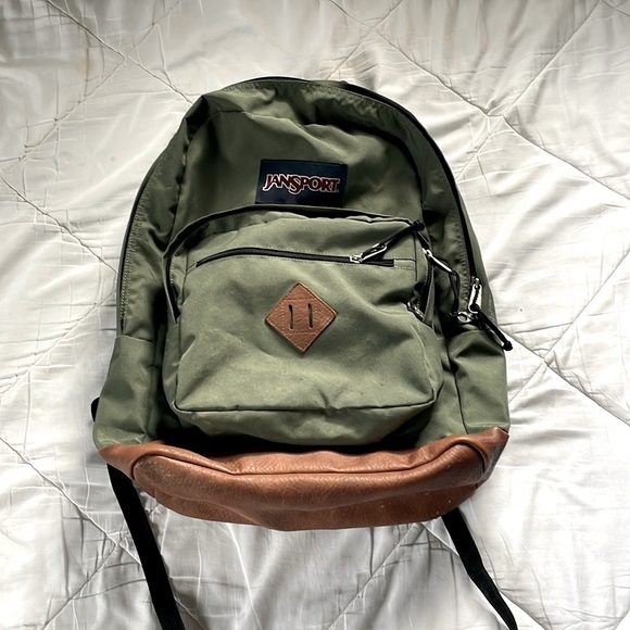 Jansport | Bags | Jansport Forest Green Backpack With Leather Bottom ...